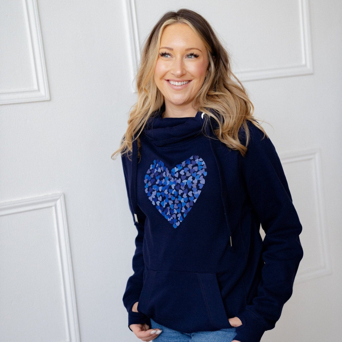 Navy Confetti Heart Cowl Neck Hoodie by Betty Bramble